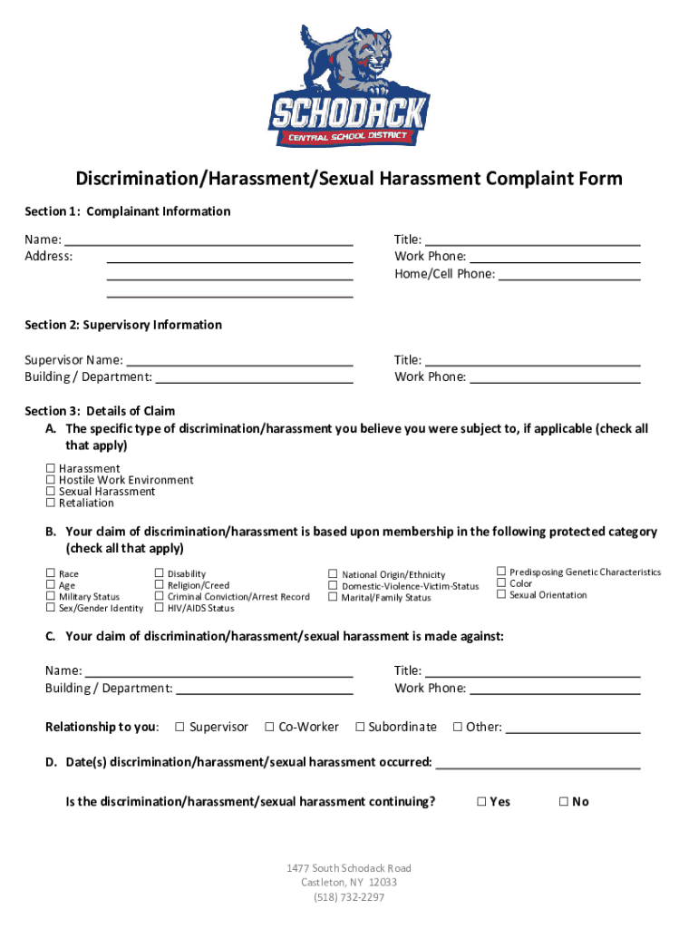 Fillable Online Discrimination Harassment Sexual Harassment Complaint ...