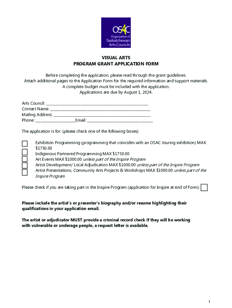 Fillable Online Visual Arts FY18 Grant Application Form Instructions ...