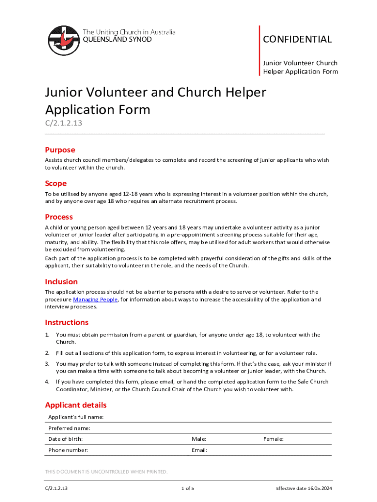 Fillable Online Junior Volunteer and Church Helper Application Form Fax ...