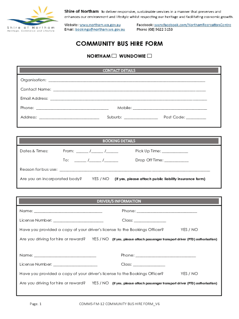 Fillable Online Northam Community Bus Hire Agreement Booking # ... Fax ...
