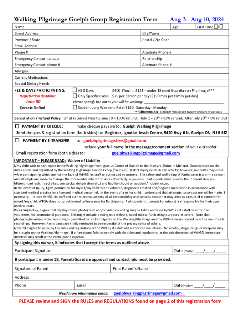 Fillable Online Walking Pilgrimage Guelph Group Registration Form Aug 3 ...