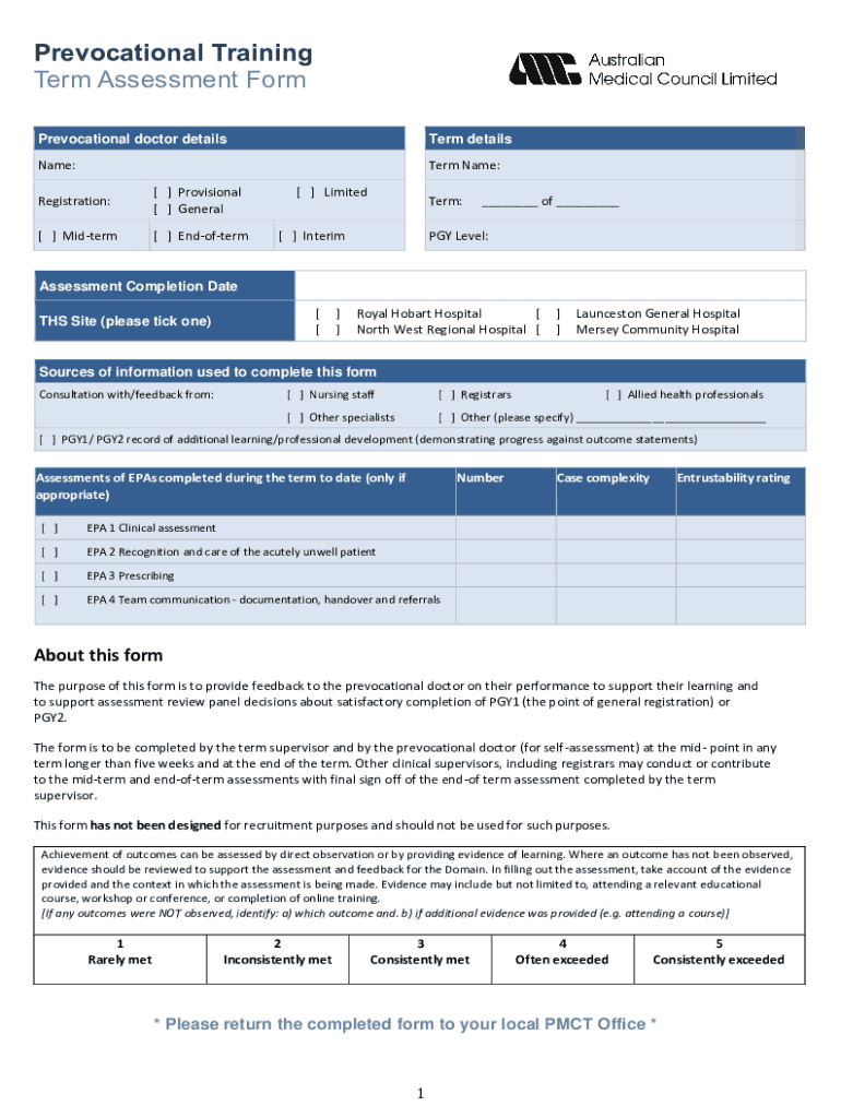 Fillable Online Prevocational Training Term Assessment Form - Term ...