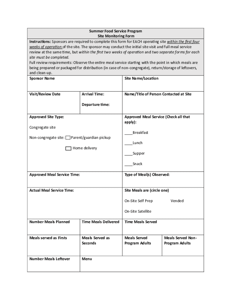 Fillable Online Summer Food Service Program Site Monitoring Form ...
