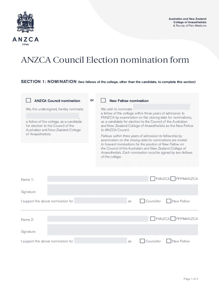 Fillable Online ANZCA Council Election nomination form Fax Email Print - pdfFiller