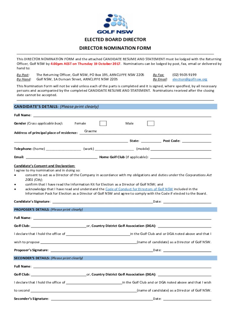 Fillable Online 2016 Election of Directors to the Board of Golf NSW Limited Fax Email Print ...
