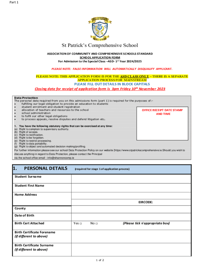 Fillable Online For Admission to the Special Class ASD- 1st Year 2024/ ...