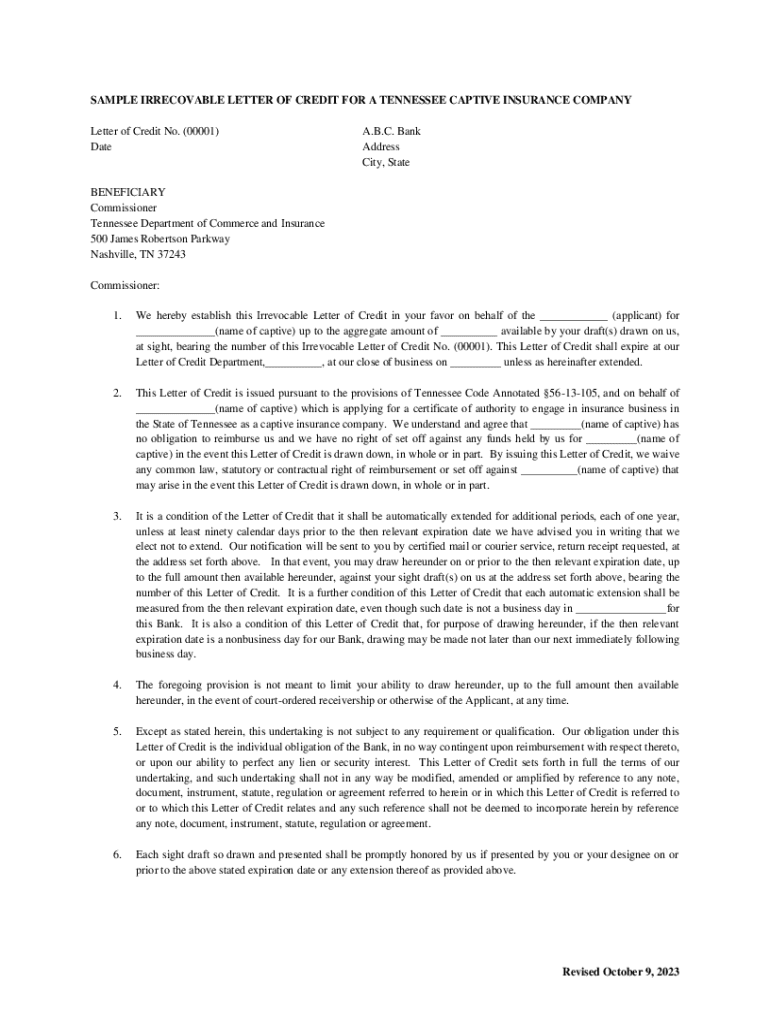 Fillable Online sample irrecovable letter of credit for a tennessee ...