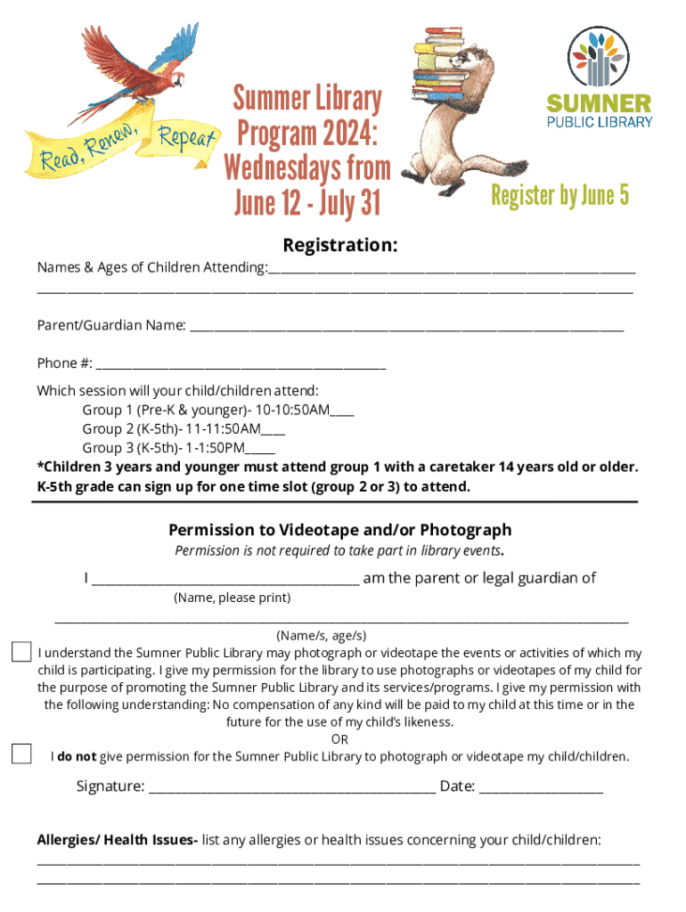 Fillable Online 2024 Summer Reading Registration Form Fax Email Print ...