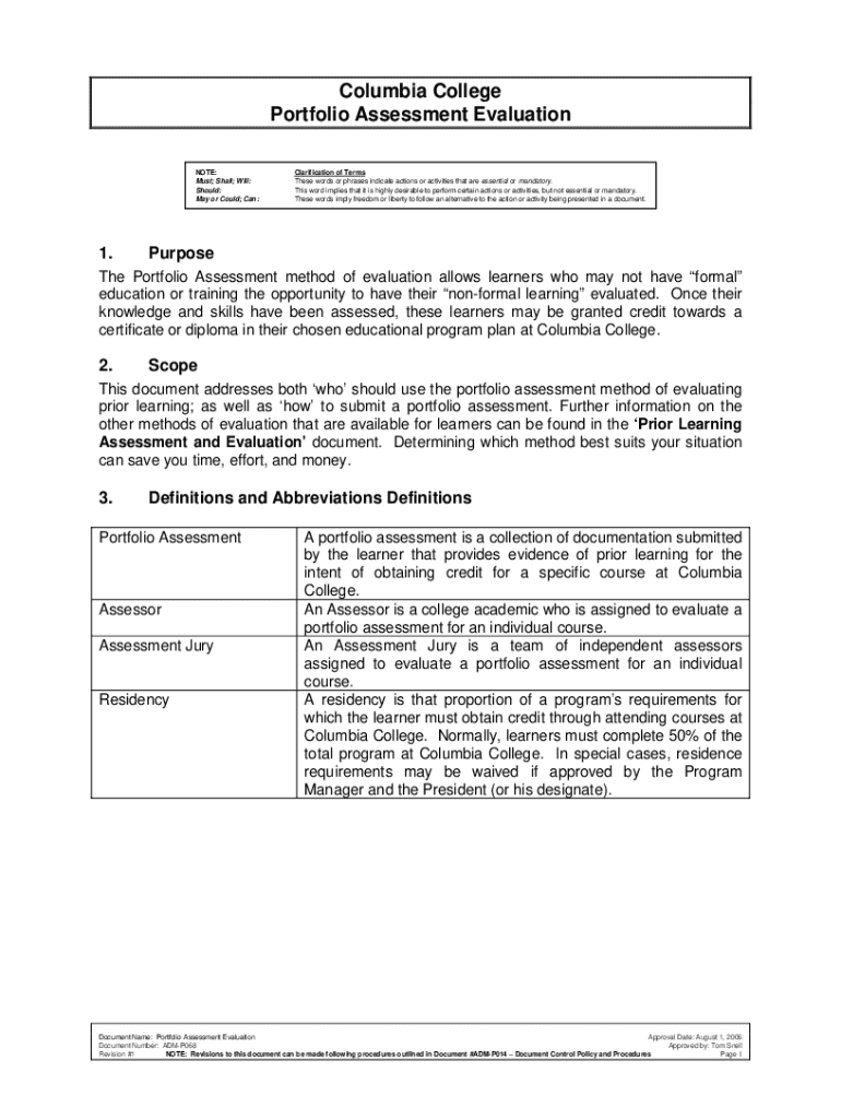 Fillable Online Columbia College Portfolio Assessment Evaluation Fax ...