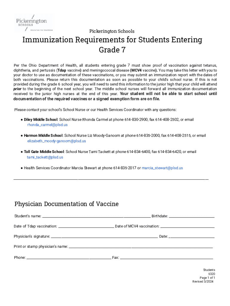 Fillable Online Immunization Requirements for Students Entering Seventh Grade 2425 Fax Email ...