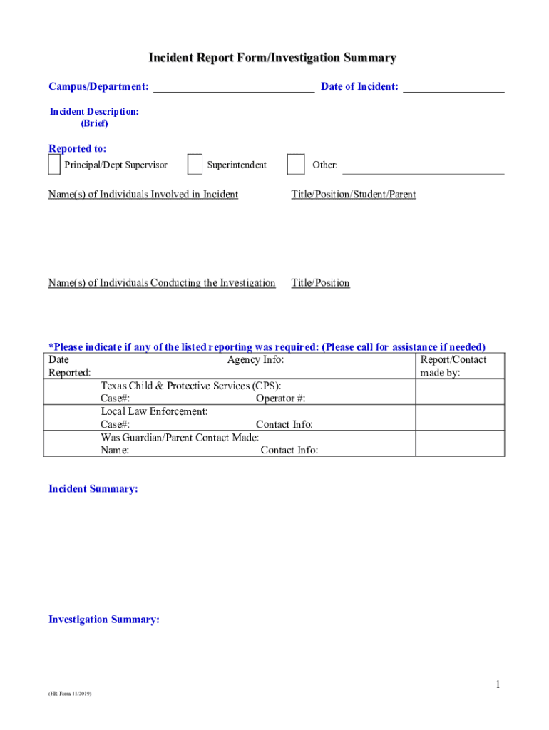 Fillable Online Incident Report Form/Investigation Summary Fax Email Print - pdfFiller