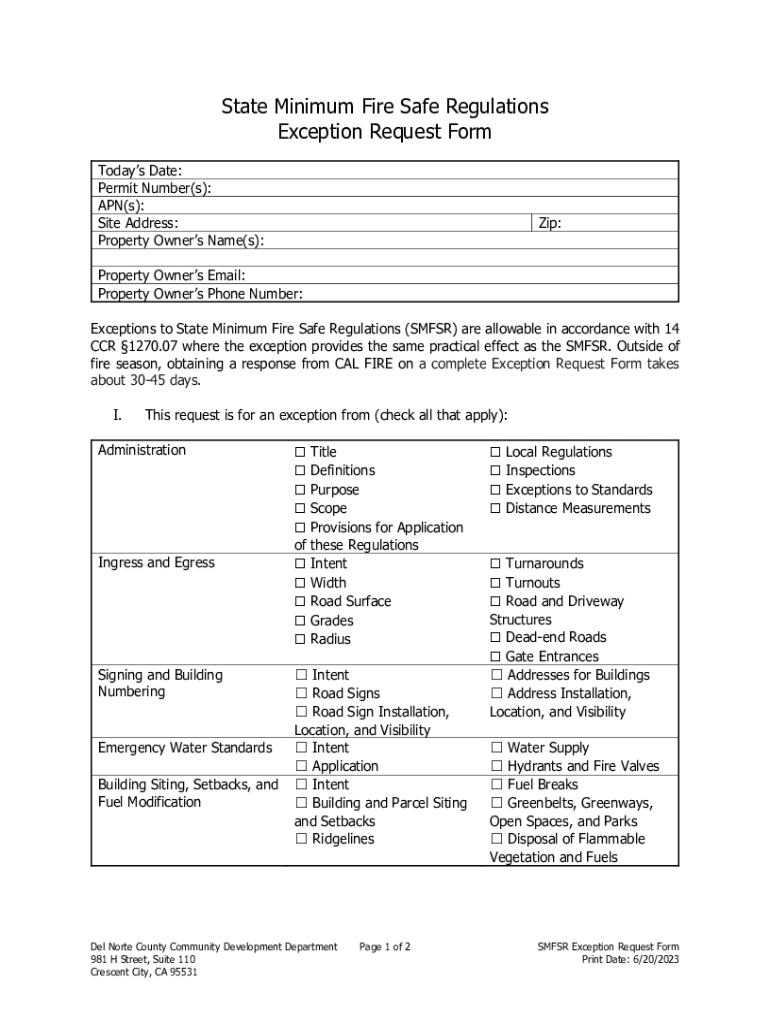 Fillable Online State Minimum Fire Safe Regulations Exception Request Form - Del Norte County ...