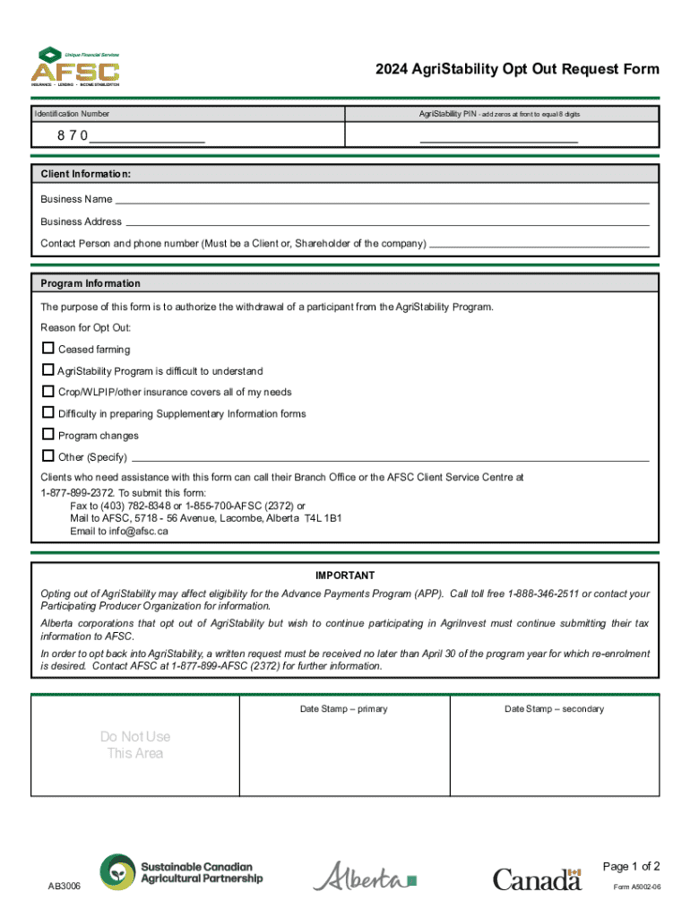 Fillable Online 2024 Agristability Opt Out Request Form - Opt Out ...