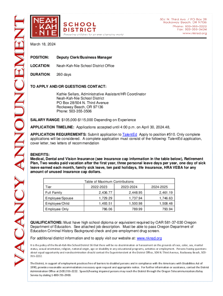 Fillable Online Deputy Clerk/Business Manager LOCATION: Neah-Kah-Nie ...