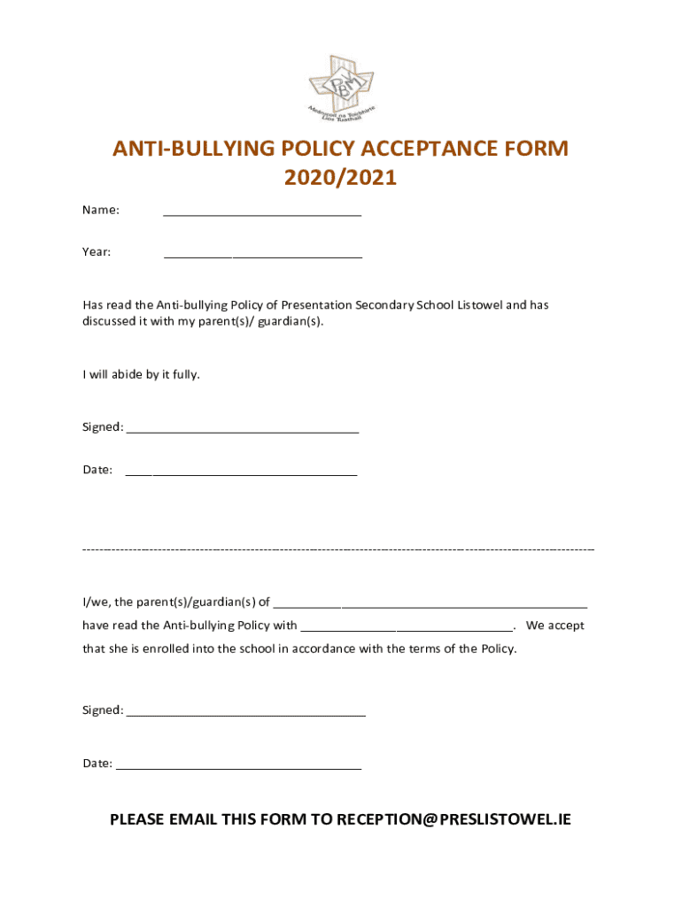 Fillable Online Anti-bullying Policy Acceptance Form 2020/2021 ... Fillable Online Anti-bullying Policy Acceptance Form 2020/2021 ...