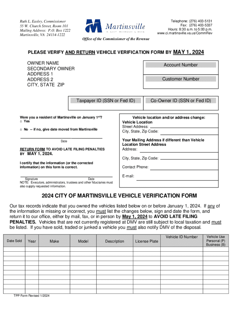 Fillable Online 2024 CITY OF MARTINSVILLE VEHICLE VERIFICATION FORM Fax ...