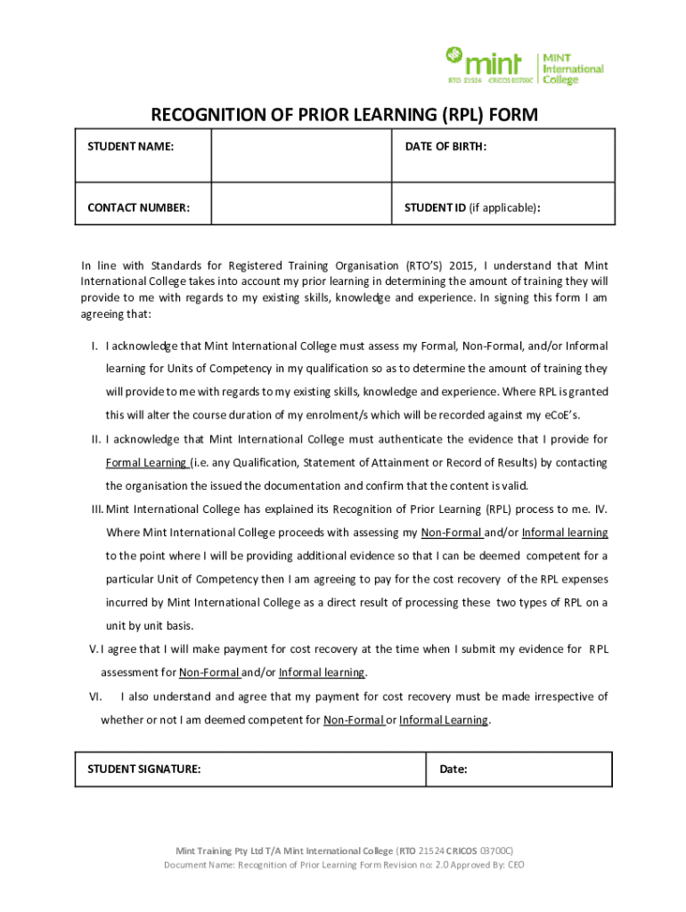 Fillable Online Recognition-of-Prior-Learning-RPL-Form Fax Email Print ...