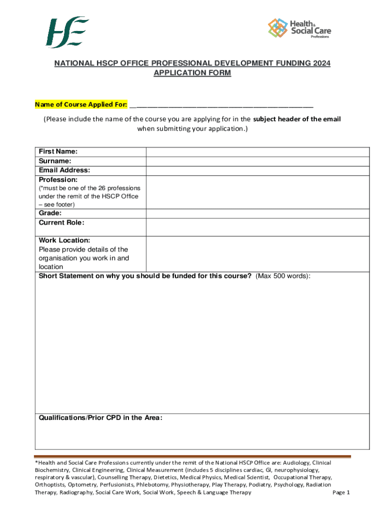 Fillable Online HSCP Professional Development Funding Application Form Fax Email Print - pdfFiller