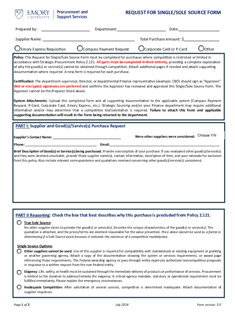 Fillable Online Request for Single/Sole Source Form Fax Email Print - pdfFiller