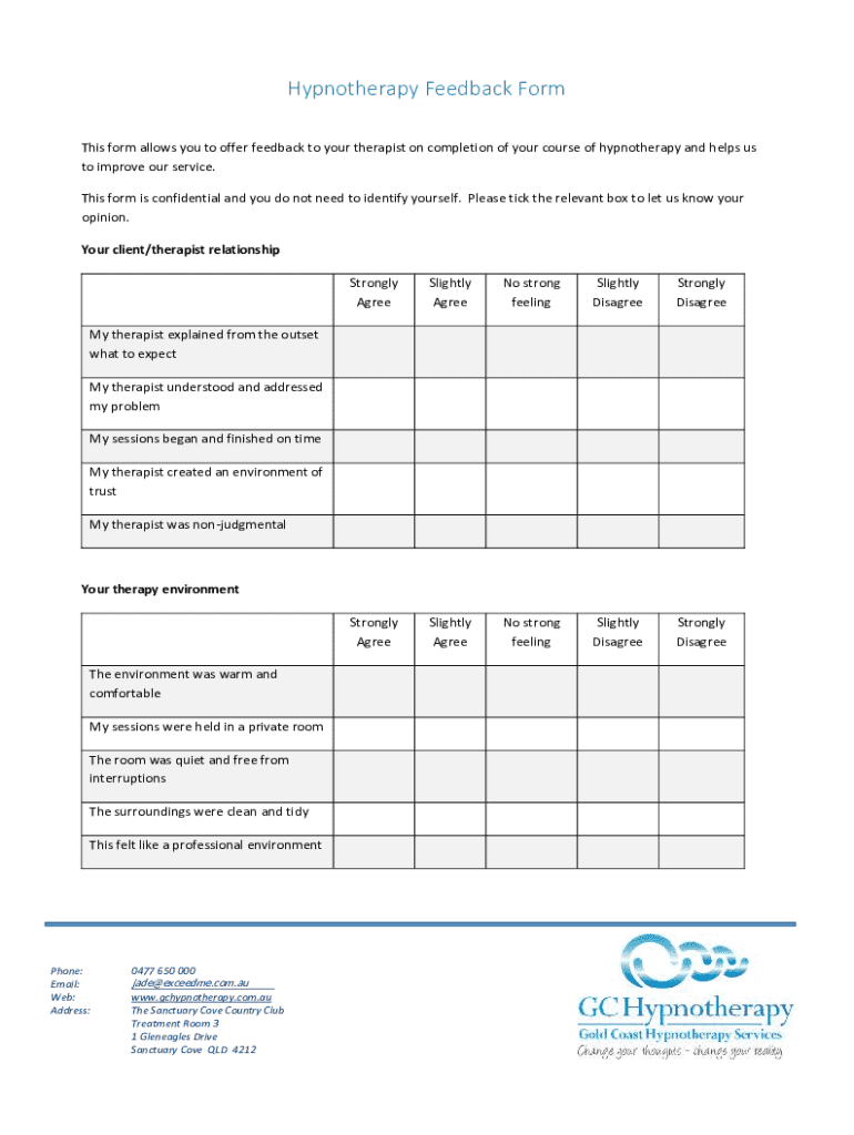 Fillable Online Hypnotherapy Session Feedback Form Template Fax Email ...