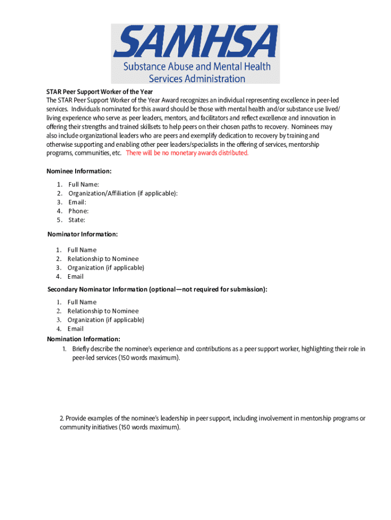 Fillable Online STAR Peer Support Worker of the Year. Nomination Form ...