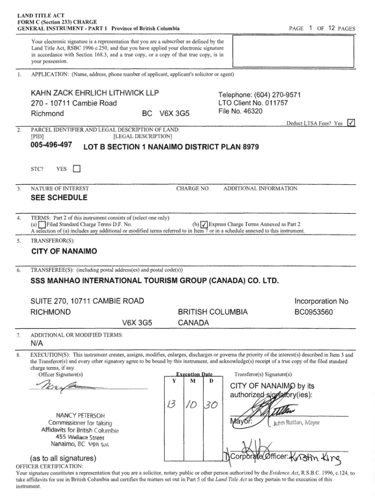Fillable Online LAND TITLE ACT - FORM C (Section 233) CHARGE - Gov.bc ...