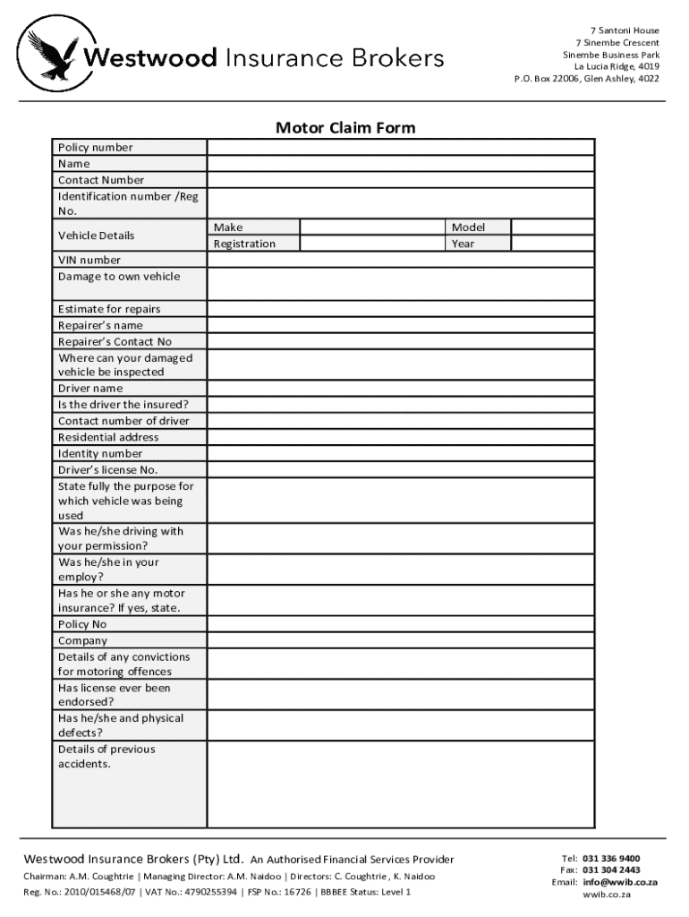 Fillable Online Motor Claim Form - Vehicle Claim Details and Reporting Process Fax Email Print ...