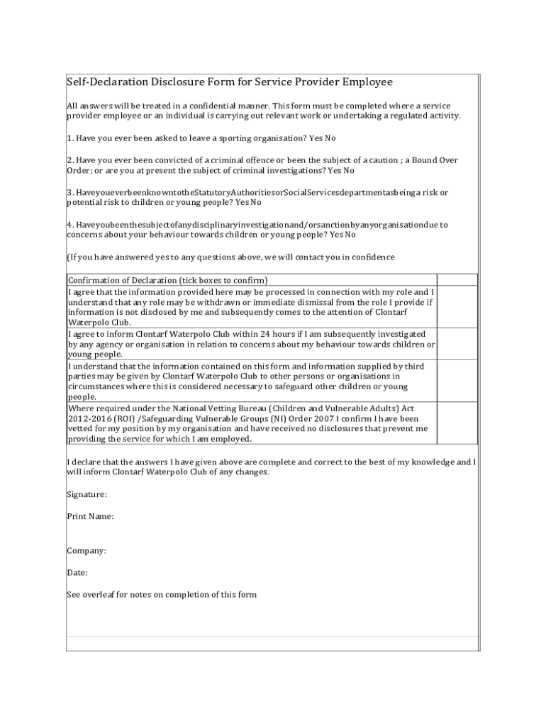 Fillable Online Self-Declaration Disclosure Form for Service Provider ... Fax Email Print ...