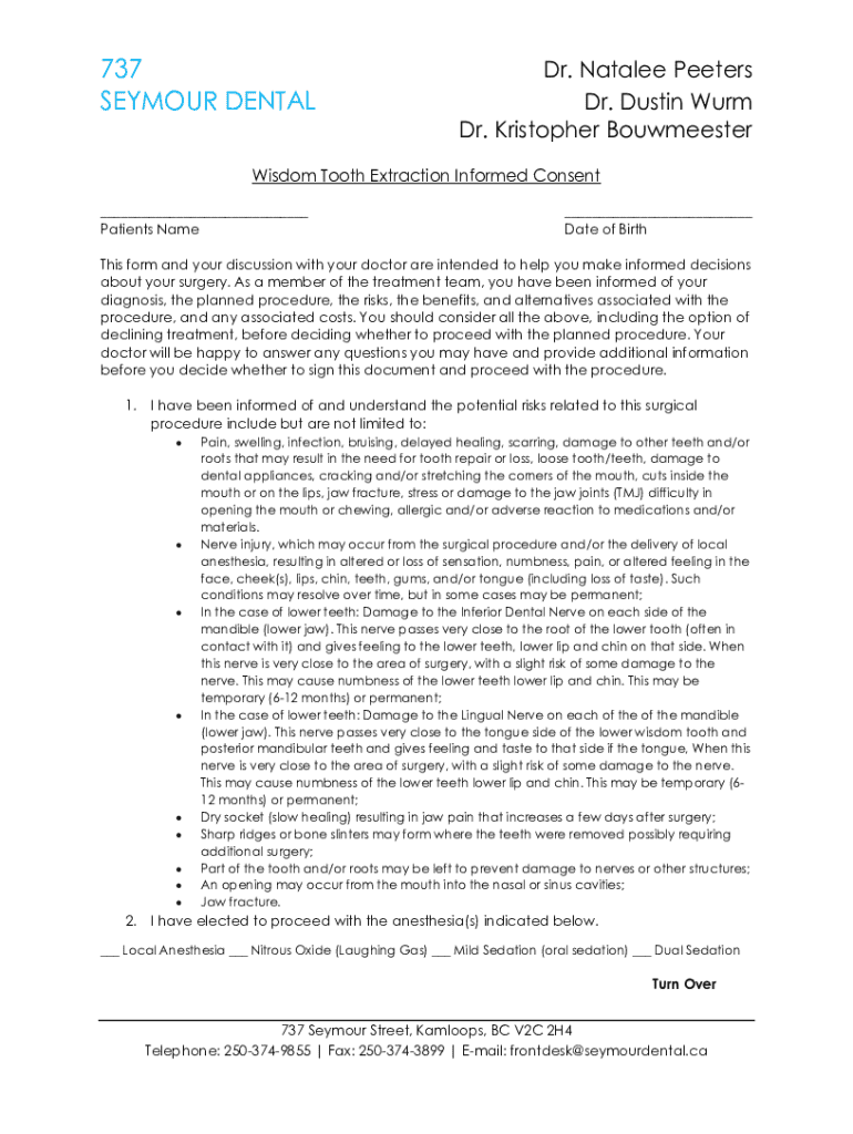 Fillable Online Wisdom Tooth Extraction Informed Consent - Seymour ...