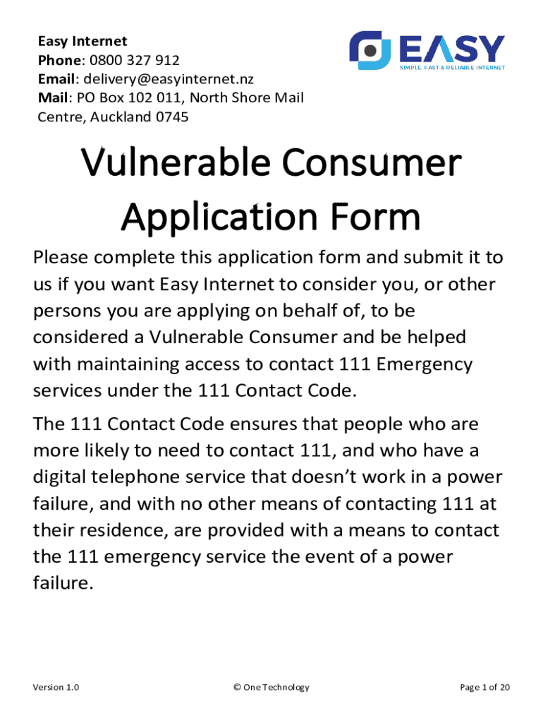 Fillable Online Vulnerable Consumer Application Form - Easy Internet ...