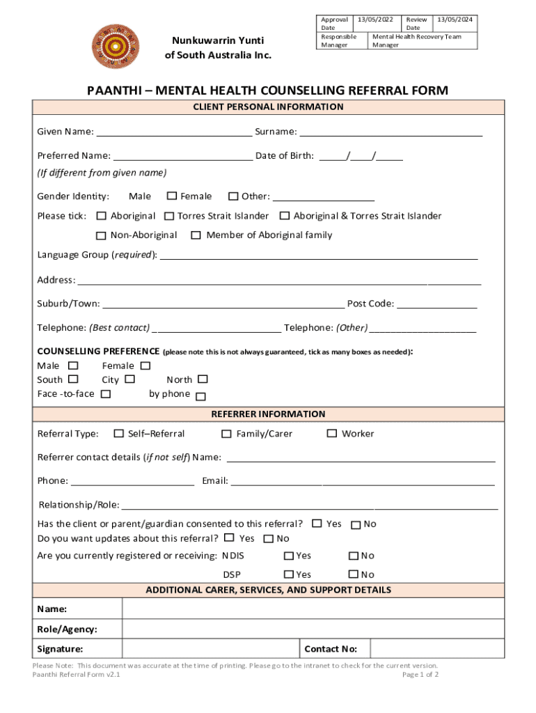 Fillable Online MENTAL HEALTH COUNSELLING REFERRAL FORM Fax Email Print ...