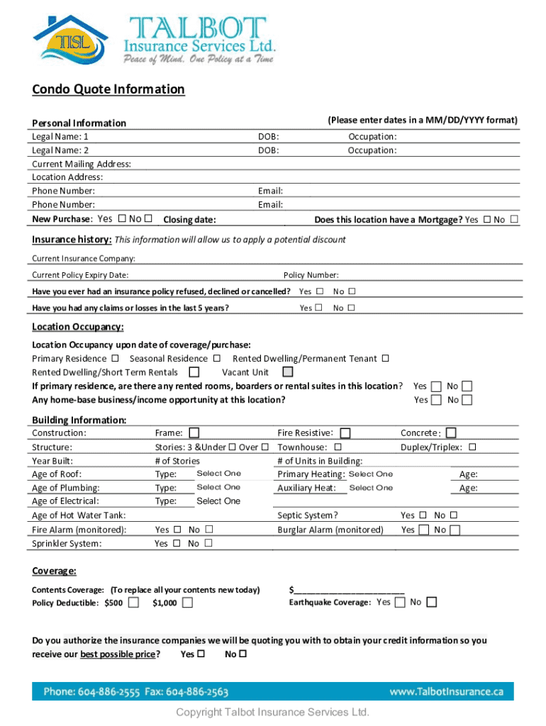 Fillable Online Condo Quote Form Fillable PDF v2 Fax Email Print ...