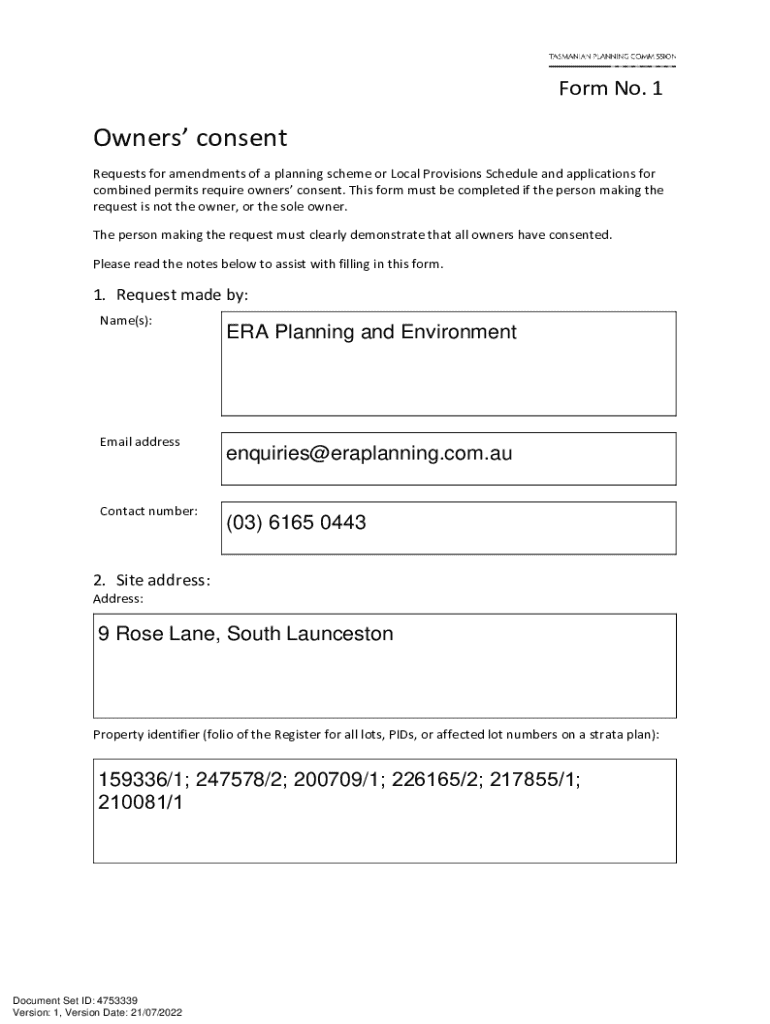 Fillable Online Form No.1 Owners Consent Fax Email Print - pdfFiller