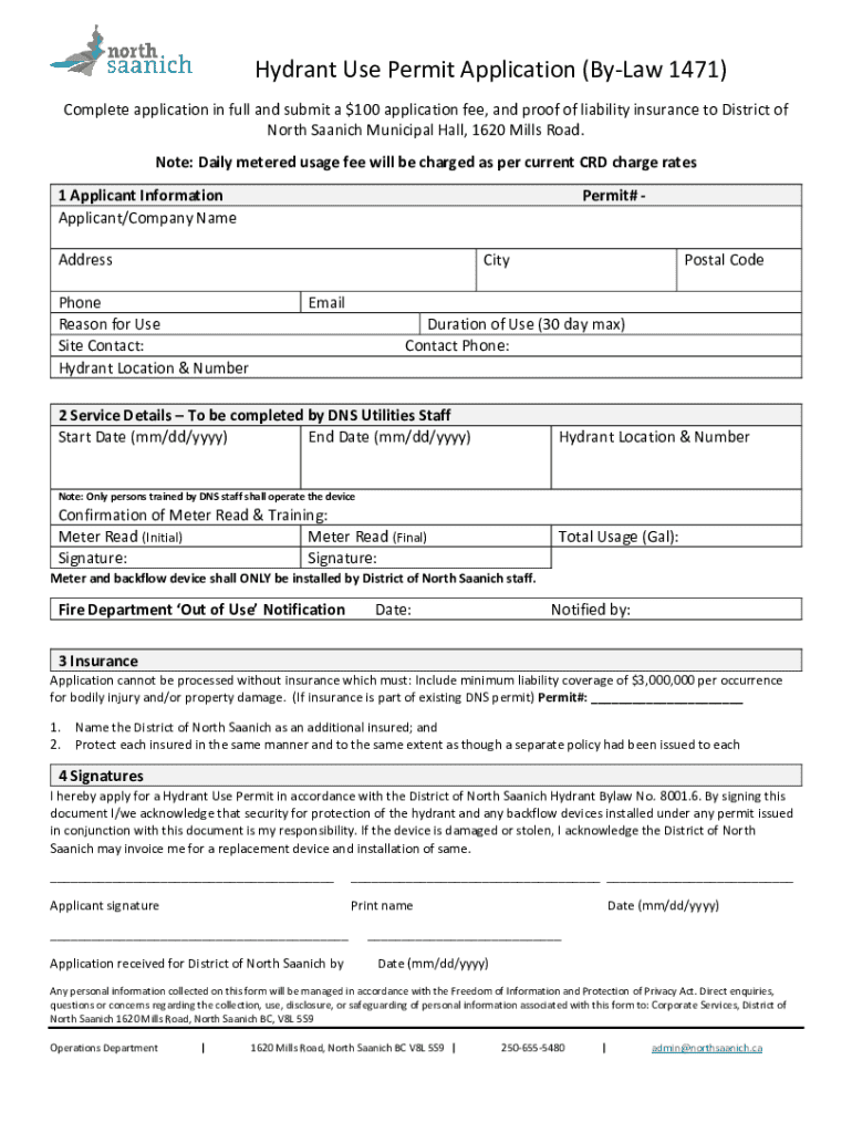 Fillable Online FIRE HYDRANT APPLICATION FORM District of Saanich Fax ...