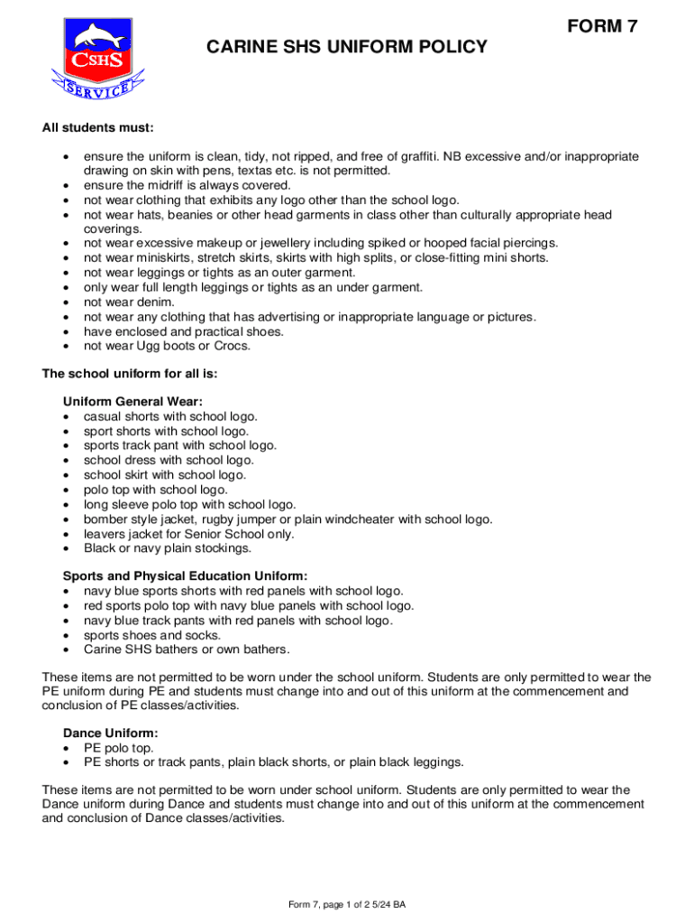 Fillable Online CARINE SHS UNIFORM POLICY FORM 7 Fax Email Print ...