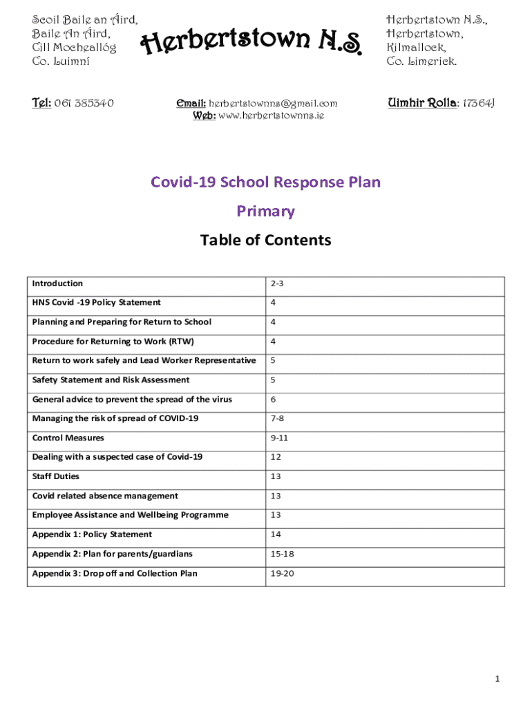 Fillable Online Covid-19 School Response Plan Primary Table of Contents ...