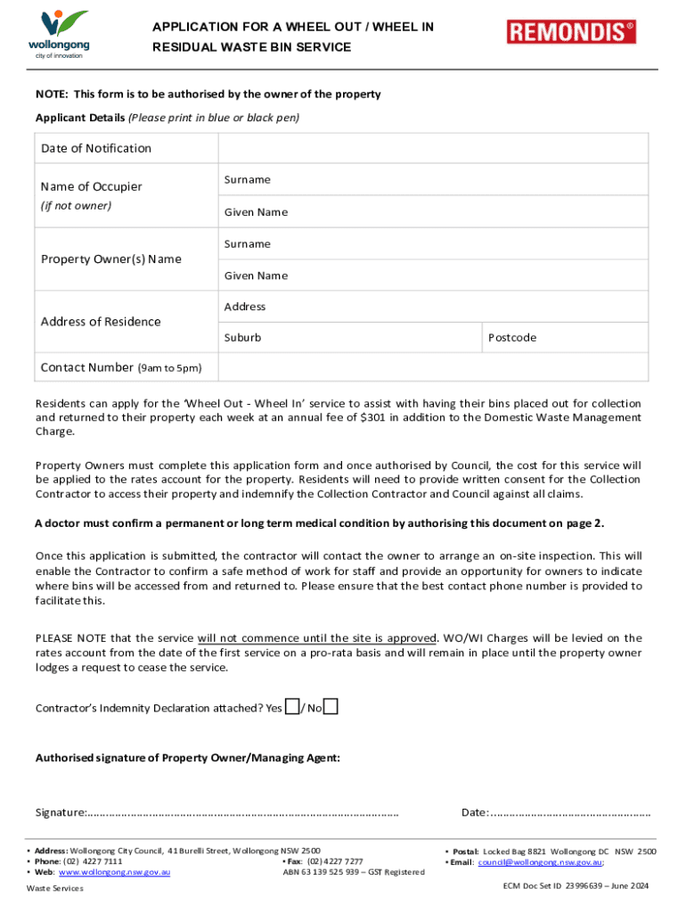 Fillable Online Fillable Online Application for wheel out / wheel in ...