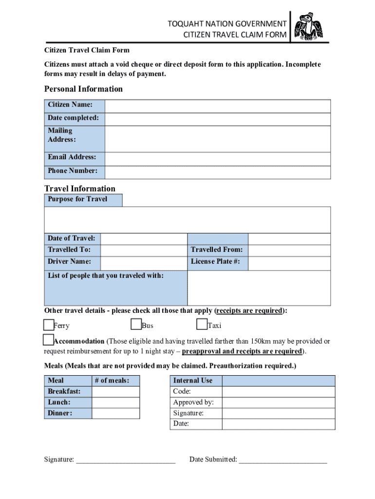 Fillable Online Toquaht Nation Government Citizen Travel Claim Form Fax ...