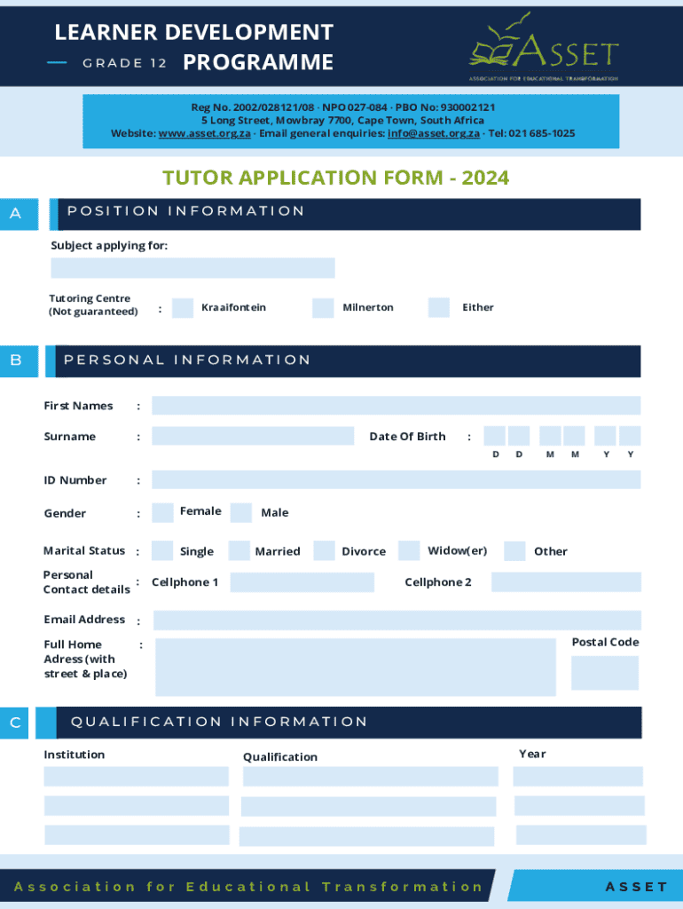 Fillable Online tutor application form - 2024 Fax Email Print - pdfFiller