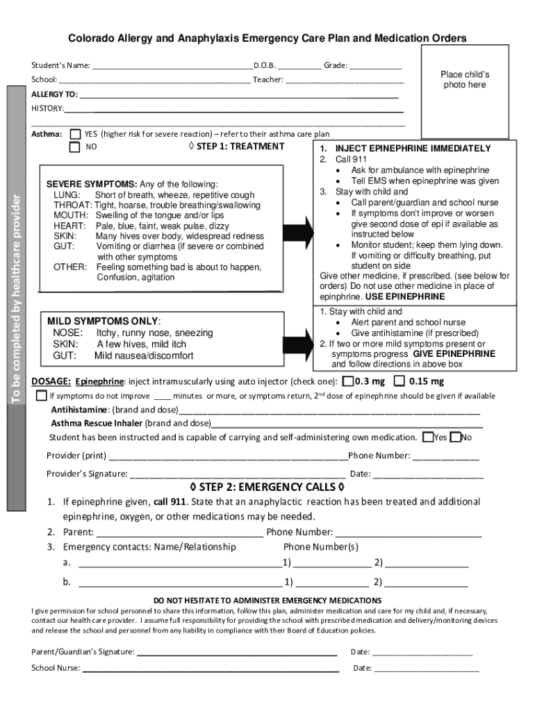 Fillable Online Fillable Colorado Allergy and Anaphylaxis Emergency ...