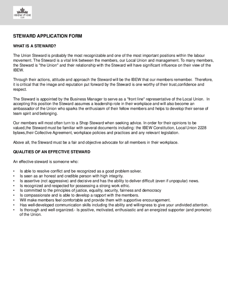 Fillable Online I hear a lot about union stewards, but I\'ve never seen ...