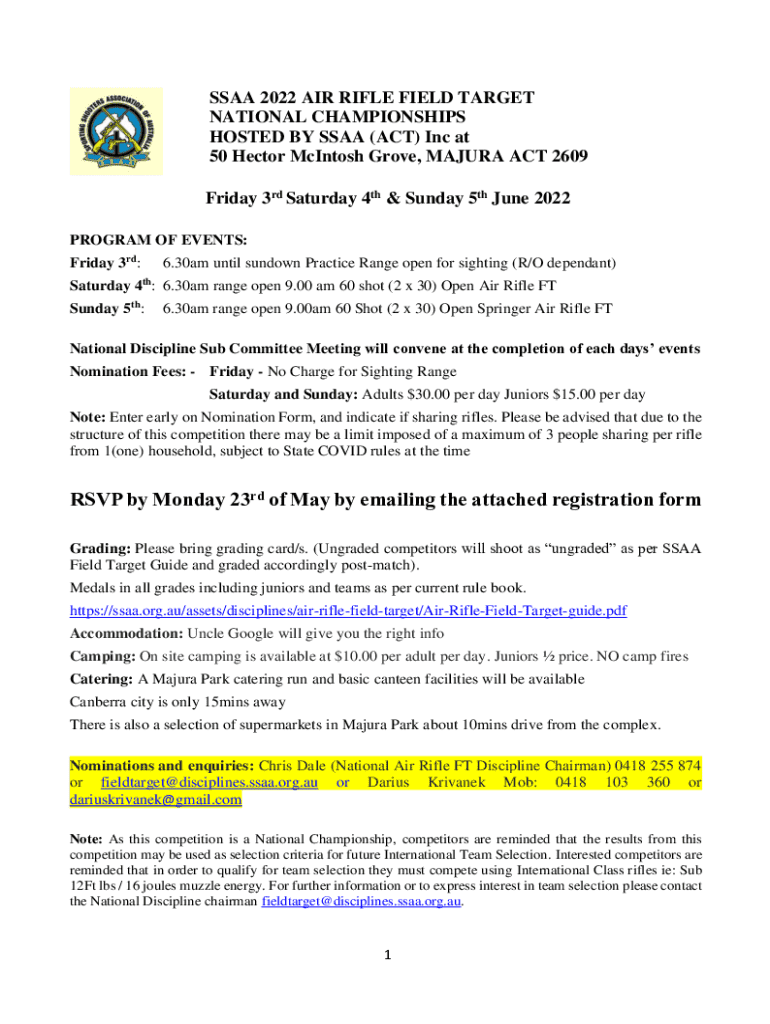 Fillable Online SSAA Air Rifle Field Target National Championships ACT ...