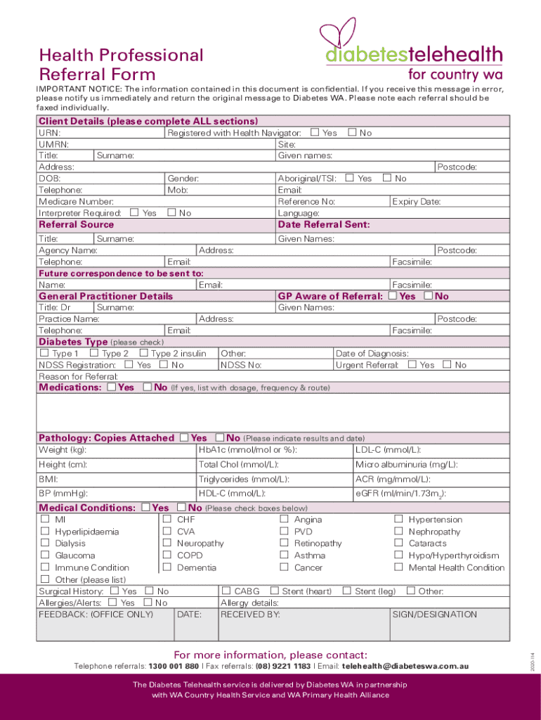 Fillable Online Health Professional Referral Form - Diabetes Wa 2020 ...