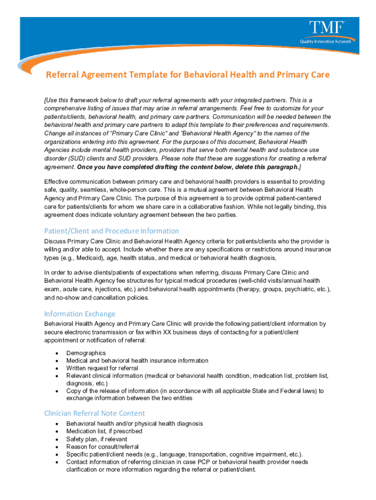 Fillable Online Referral Agreement Template for Behavioral Health and ...