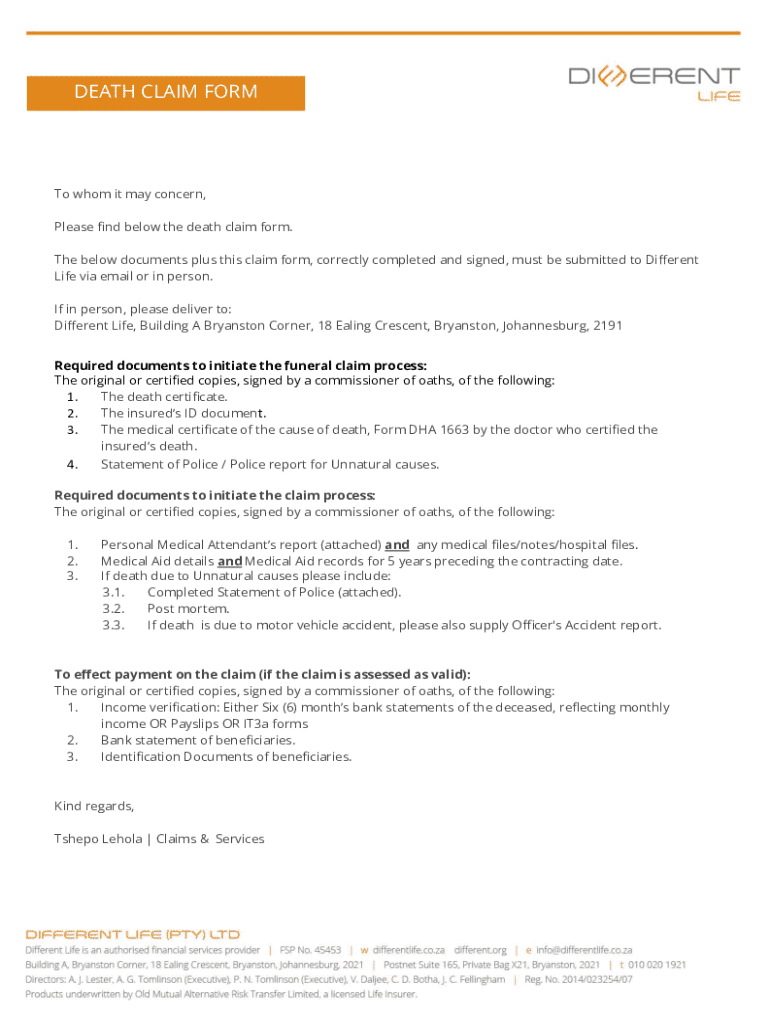 Fillable Online Death Claim Form 20211014 - With Accelerated Funeral ...