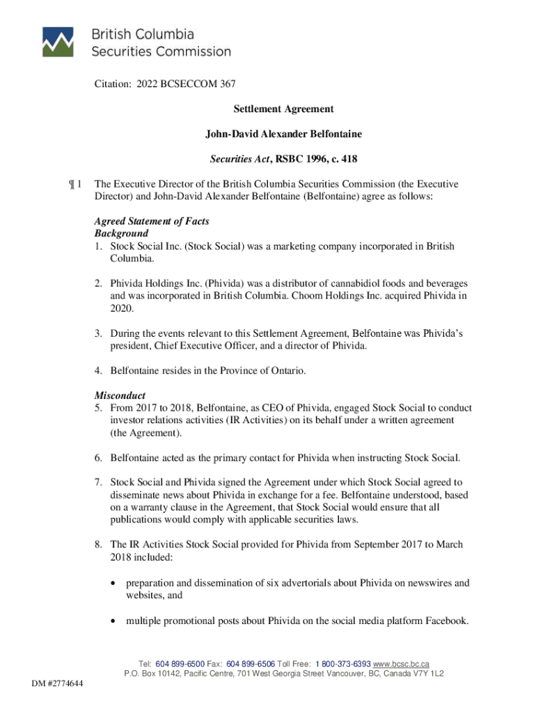 Fillable Online Settlement Agreement Between Bc Securities Commission and John-david Alexander ...