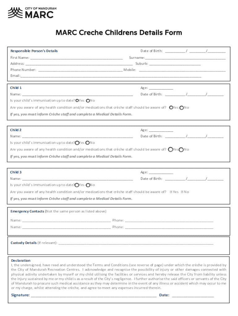 Fillable Online MARC Creche Childrens Details Form Fax Email Print ...