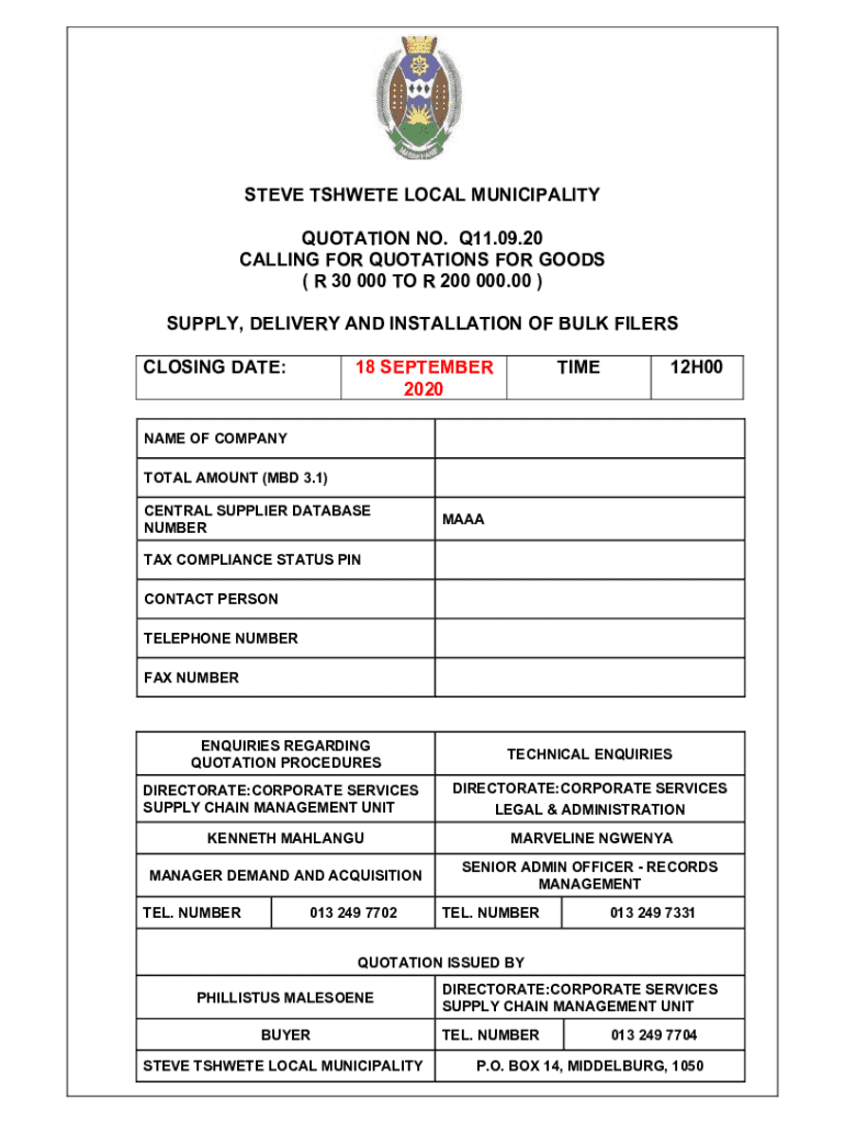 Fillable Online Steve Tshwete Local MUNICIPALITY QUOTATION NO. Q11 ...