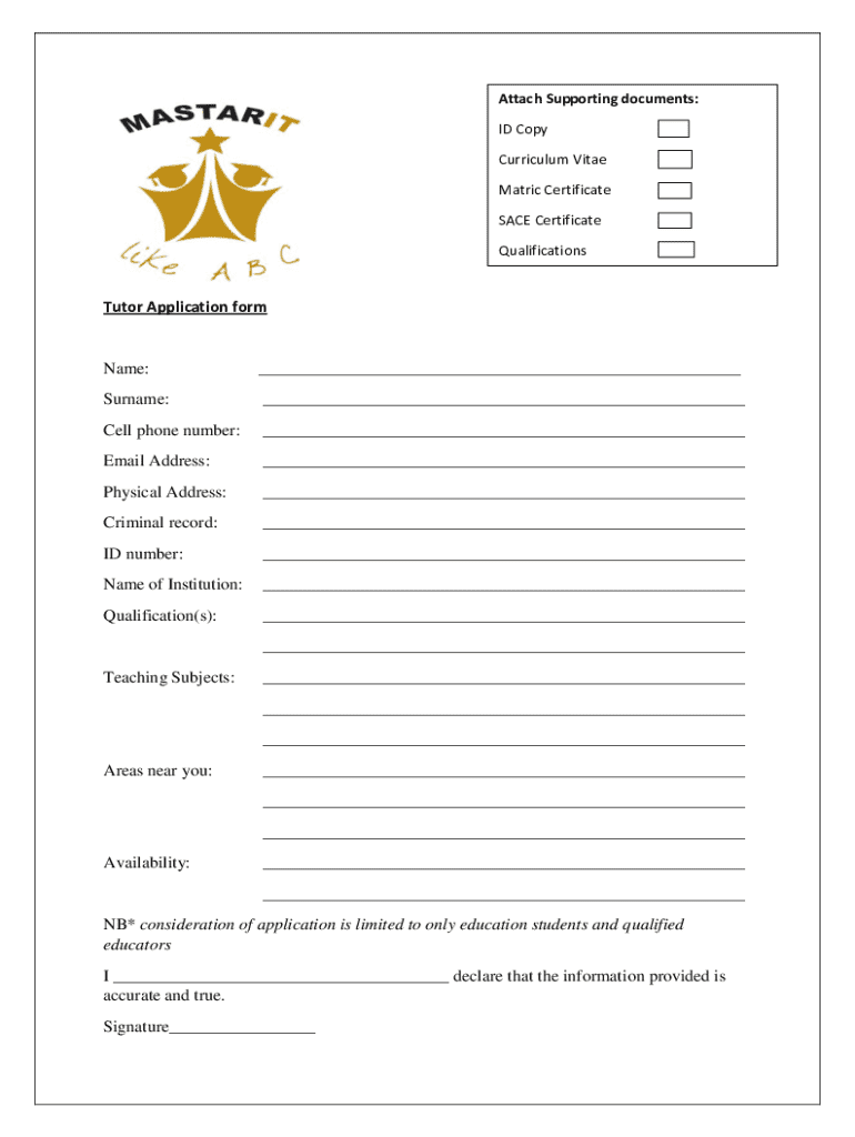 Fillable Online Tutor Application form - mastar it Fax Email Print - pdfFiller