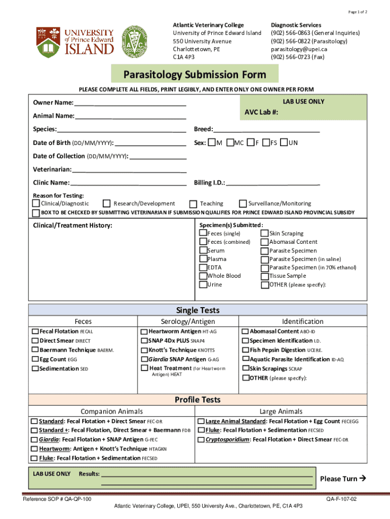 Fillable Online Parasitology Submission Form ion Form - Veterinary ...